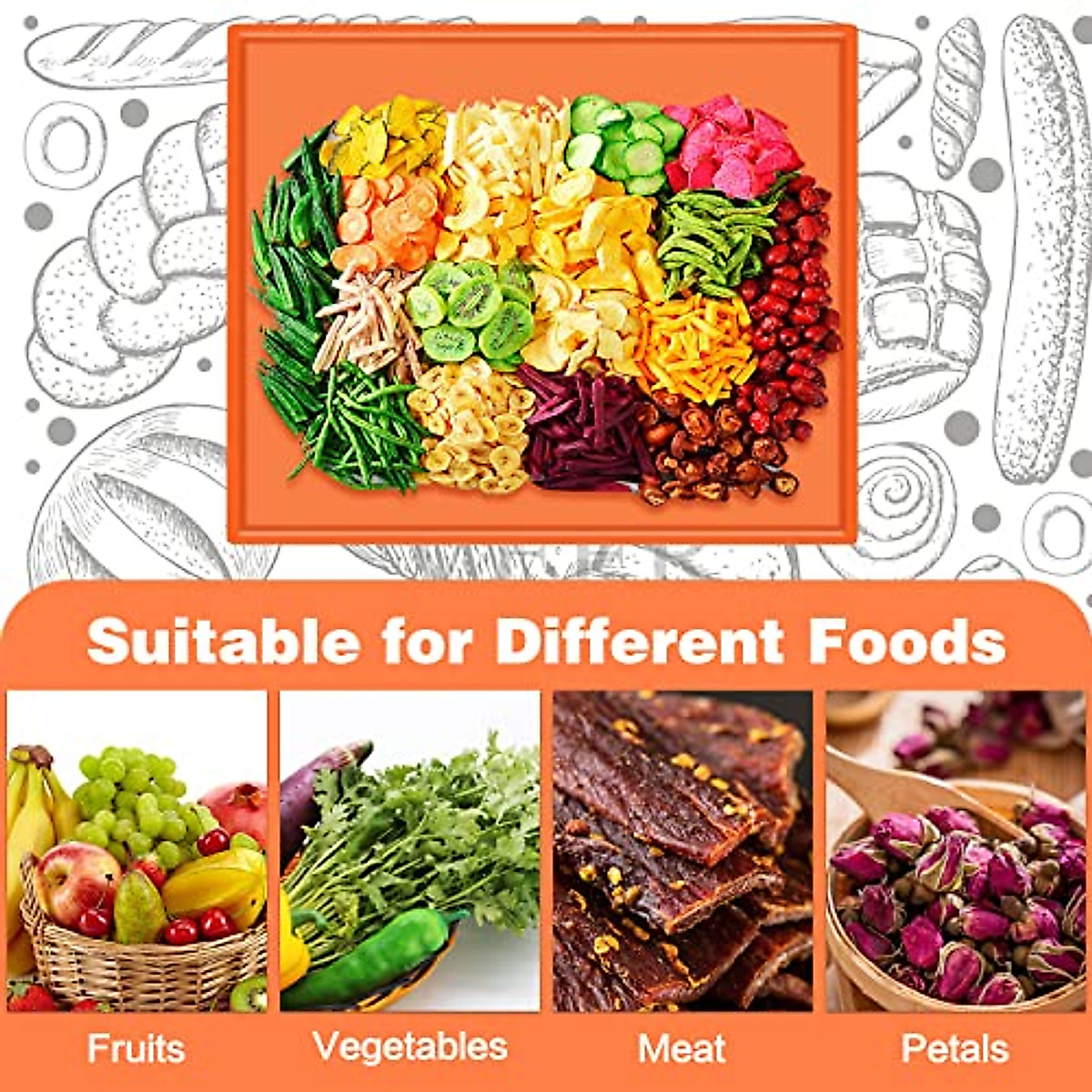 6PCS Silicone Dehydrator Sheets with Edge, Dehydrator Trays with Silicone Pot/Scraper High Temperature Resistance Reusable Silicone Trays Compatible with Cosori CP267-FD for Fruits Herbs Meat Vegetables