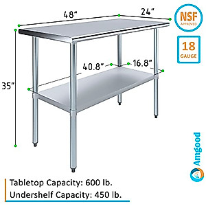 AmGood Stainless Steel Work Table with Undershelf | Kitchen Island Food Prep | Laundry Garage Utility Bench | NSF Certified (48" Long x 24" Deep)