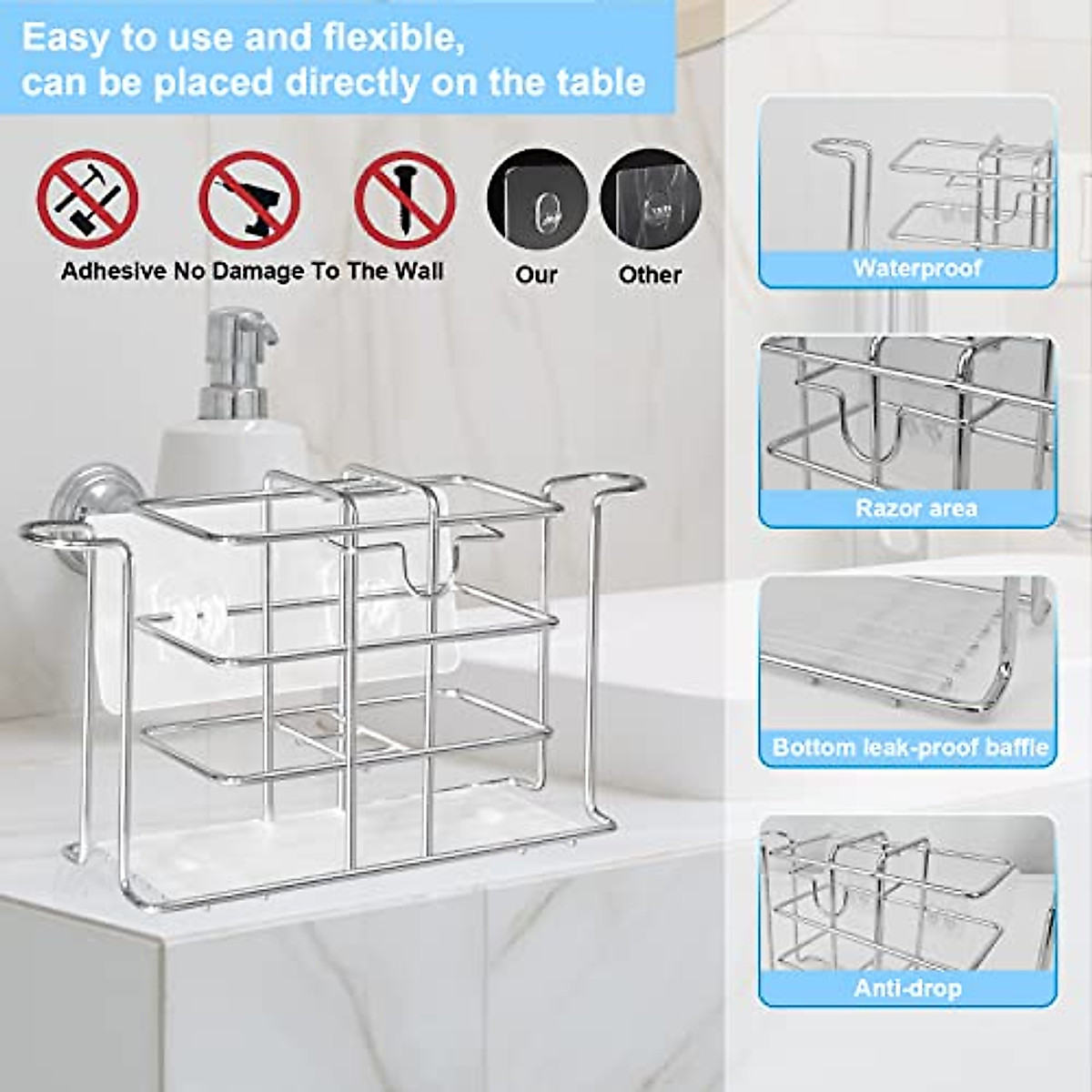 homyfort Shower Caddy Rack Over Shower Head Suction Cup and Toothbrush,cup Holder for Razor and Sponge-Shampoo Soap Organizer,Rustproof Stainless Steel, Silver(2 PACK)