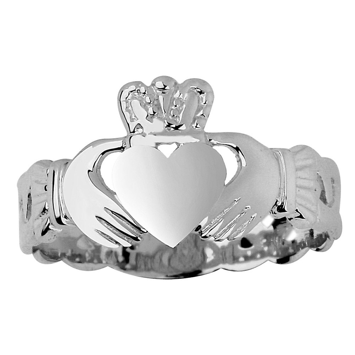 .925 Sterling Silver Claddagh Friendship, Engagement, or Wedding Ring with Trinity Knot Band - Size 5.25