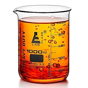 EISCO Heavy Duty Beaker, 1000ml - 5mm Thick, Uniform Walls - Superior Durability & Chemical Resistance - White Graduations - Borosilicate 3.3 Glass