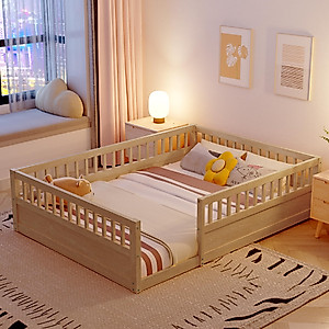 DNYN Full Size Floor Bed for Kids Bedroom,Solid Wood Bedframe w/Fence & Easy Assemble & Space Saving Design & No Box Spring Needed, Natural