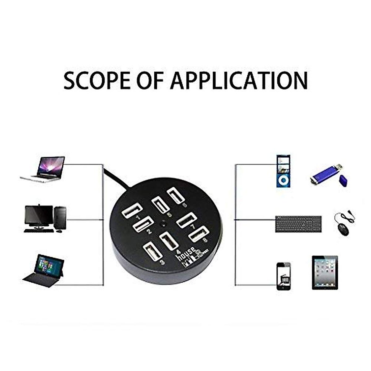 Dahszhi Round Shape 8 Port High Speed USB 2.0 Hub Mobile Charger with LED Light for Mac, Windows, Linux systems PC, Tablets(Black)