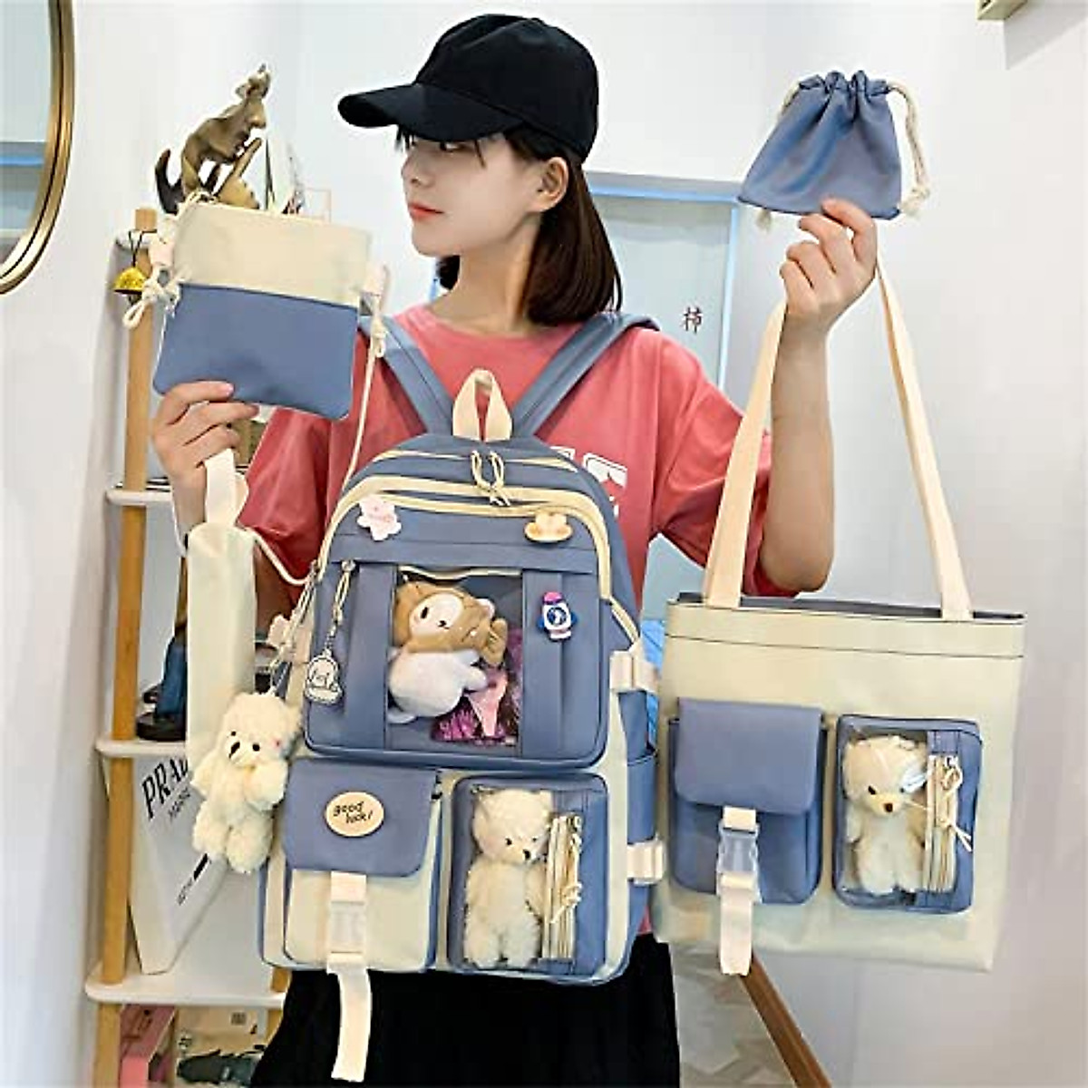 Kawaii Backpack 5Pcs School Backpack Aesthetic School Bag with BadgePlush Pendan Shoulder BagPencil BoxTote BagSmall Bag（blue rice）