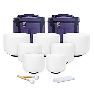 KVKA 7-12 inch Crystal Singing Bowls Set of 7 pcs Quartz Frosted Singing Bowls For Sound Healing with 2 PCS Travel Carry Case Bag (7-12inch, Random frequency)
