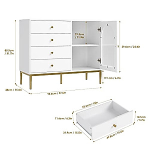finetones White Dresser, Modern Dresser White and Gold Dresser with Waveform Glass Door and Gold Metal Legs, Gold Dresser Storage Chest of Drawers for Home