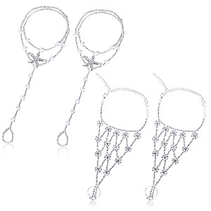 2 Pairs Barefoot Sandals- Beach Anklet Chain with Starfish for Women Lady's Beach Wedding Foot Jewelry Party Accessories (rhinestone+seastar)