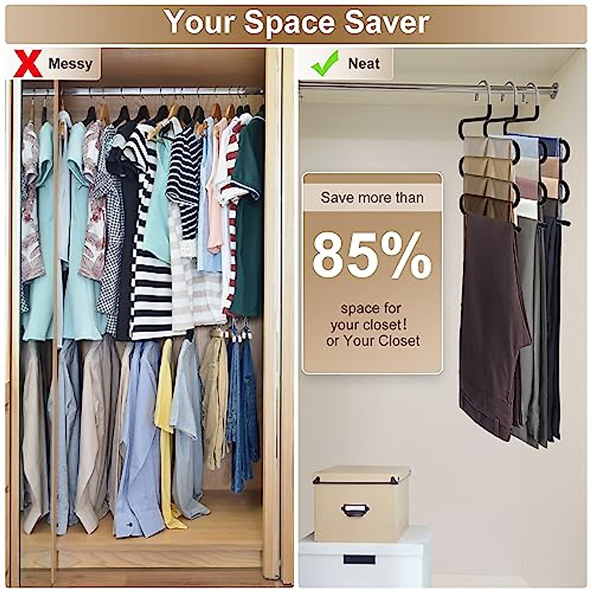 6 Pack Pants Hangers Space Saving, Non-Slip Velvet Pant Hangers S-Shape Stainless Steel Jean Hangers Closet Organizers Clothes Hangers for Pants, Jeans, Trousers, Scarves, Shorts, Black