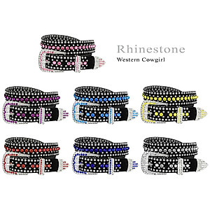 Women Rhinestone Belt Fashion Western Cowgirl Bling Studded Design Suede Leather Belt 1-1/4"(32mm) wide (Crystal, 34'' M)