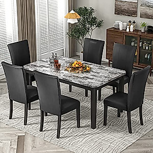 DHHU Furniture, 7-Piece Dining 1 Faux Marble Top Upholstered-Seats, Kitchen Table Set for 6, Black