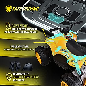 Blitzshark 24V Kids Ride on ATV 4WD Quad 4x75W Powerful 4-Wheeler Electric Vehicle, with 6MPH Fast Speed, 10AH Large Battery, Soft Brake, Full Metal Suspensions & Protective Gear, Lighting Rider