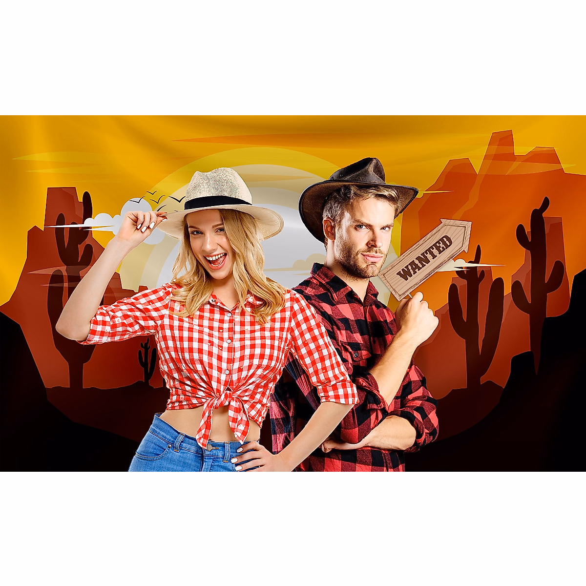 Western Party Decorations - Includes Photography Backdrop & 10 Photo Booth Props with Sticks - Wild West Cowboy Party Banner Birthday Supplies