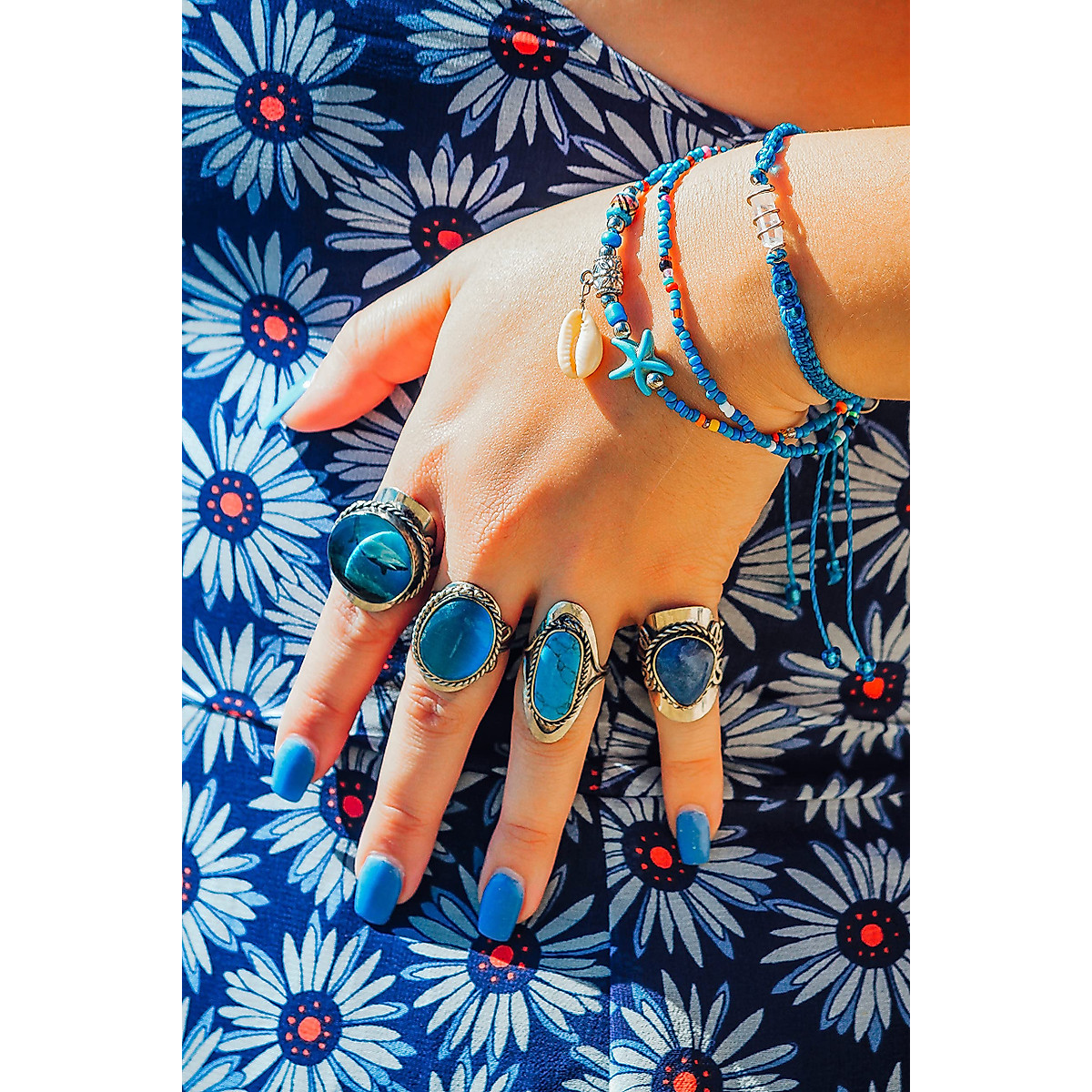 Mia Jewel Shop Ellipse Oval Flat Healing Gemstone Crystal Cabochon Silver Metal Border Adjustable Ring - Womens Natural Fashion Handmade Jewelry Boho Accessories (Turquoise Howlite)