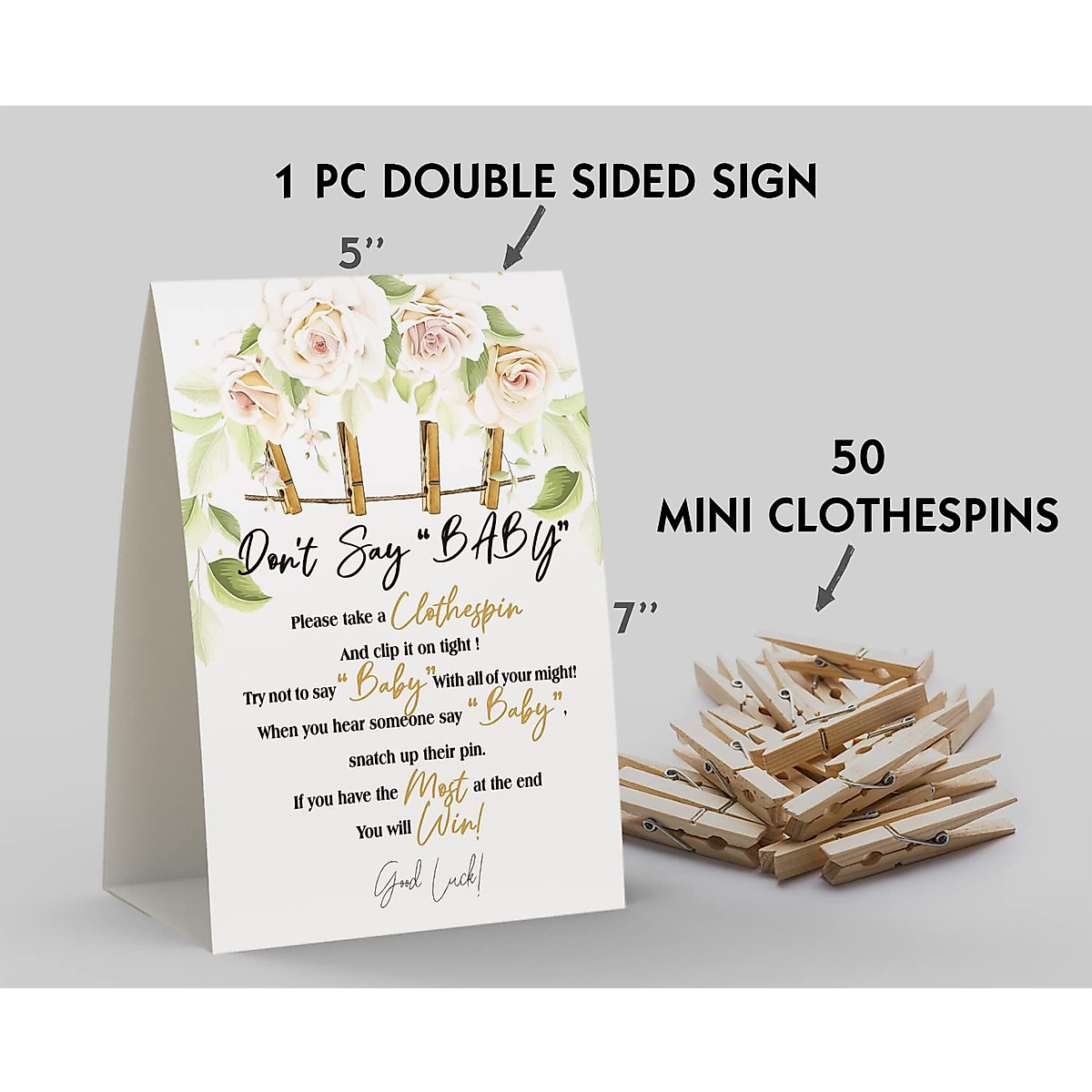 Don't Say Baby Sign, Baby Shower Clothespin Game, Includes a 5x7 Standing Sign and 50 Mini Natural Clothespins - Toctose055
