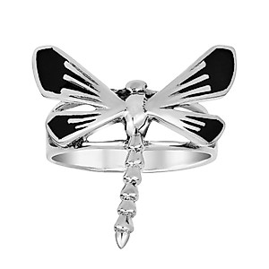 CUTE! Dragonfly Wings Inlay Reconstructed Black Onyx .925 Sterling Silver Ring (8)