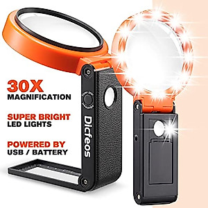 Dicfeos 30X 40X Magnifying Glass with Light and Stand, Folding Design 18 LED Illuminated Magnifying Glass for Close Work, Handheld Large Magnifying Glasses for Reading, Powered by Battery or USB