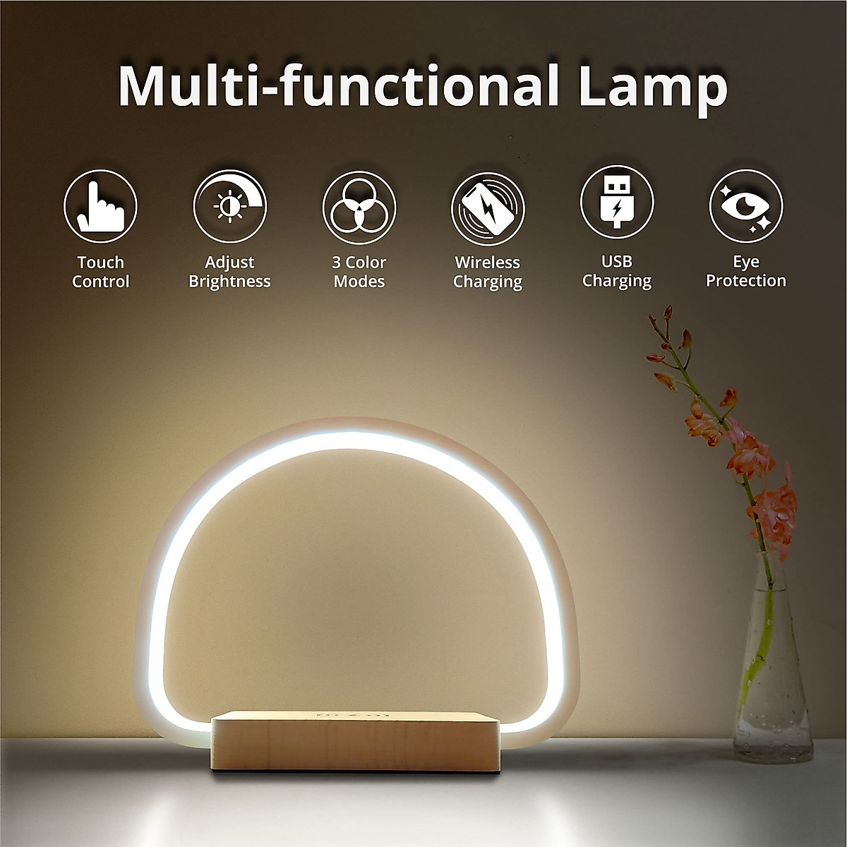 Sparkling Wonderful Bedside Table Lamp with Qi Wireless Charging & USB Port, Touch Control Desk Lamp with 3 Color Modes, Night Light Eye-Caring Reading Lamp for Bedroom, Dorm, Office