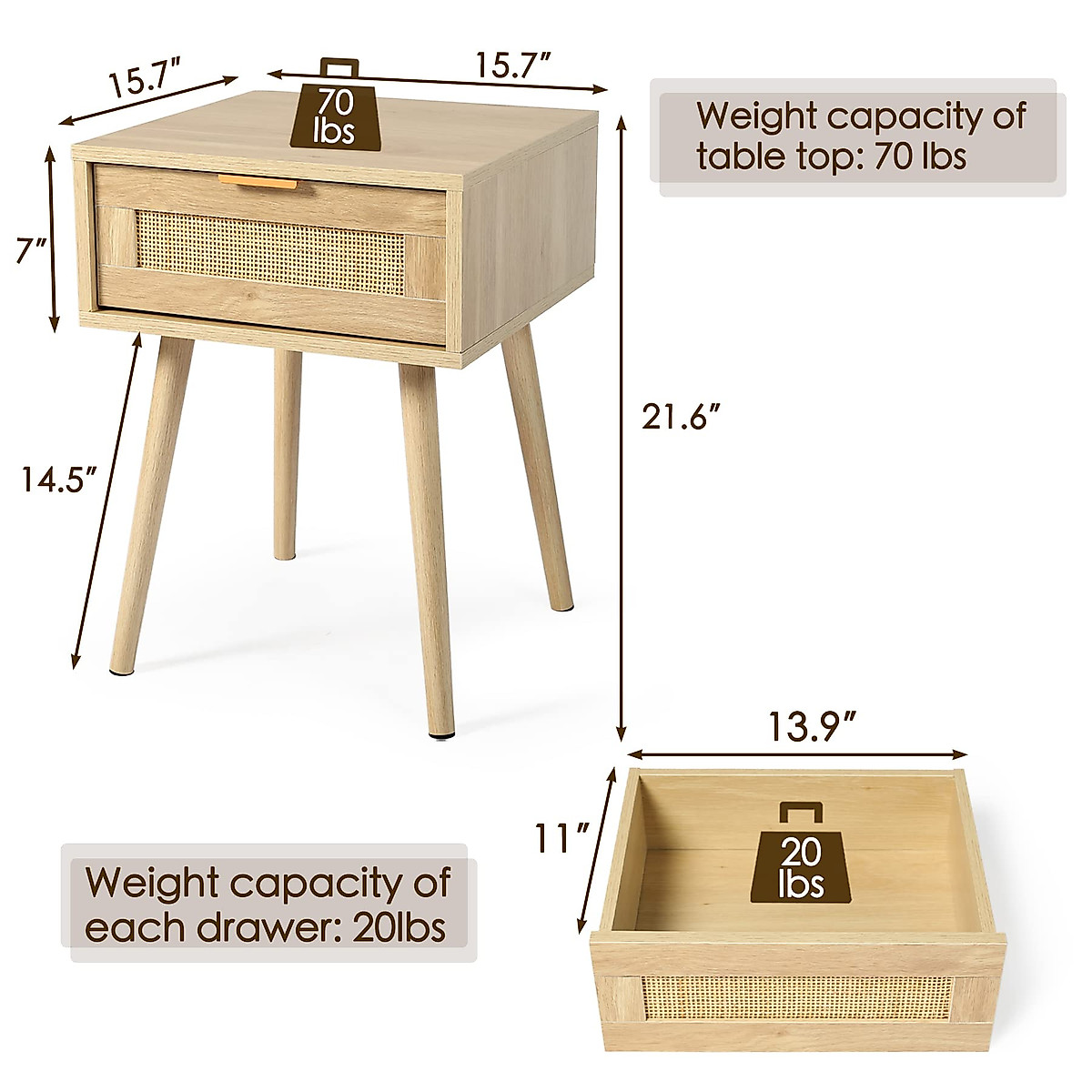 LAZZO Set of 2 Bedroom Nightstands Wooden Night Stands with Rattan Weaving Drawer Home Bedside End Table for Bedroom Storage (Set of 2)