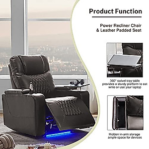 Merax Electric Recliner Chair with USB Charge Port, 360 Swivel Tray Table, Hand in-Arm Storage, and Cup Holders, Ambient Lighting - Ambient Lighting Gaming Recliner Chair Home Theater Seating (Brown)