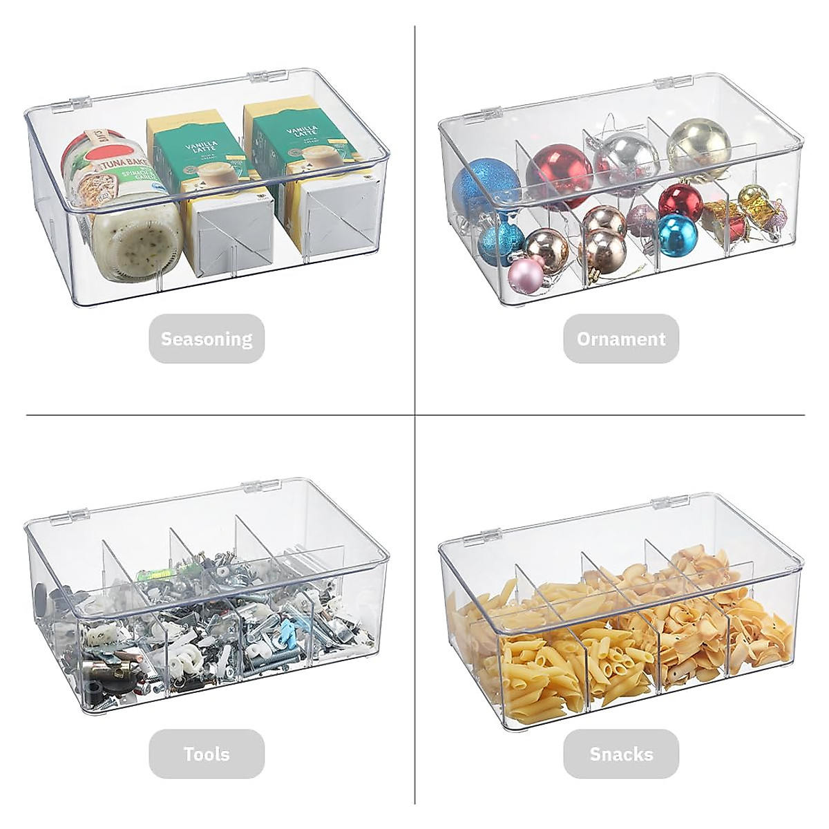 Naivees Clear Divided Storage Organizer Container Box with Lid Removable Divided Storage Medicine and Tea Bag Box Dresser Organizers Plastic Storage Bins for Cosmetics,Crafts,Coffee Pods (2)
