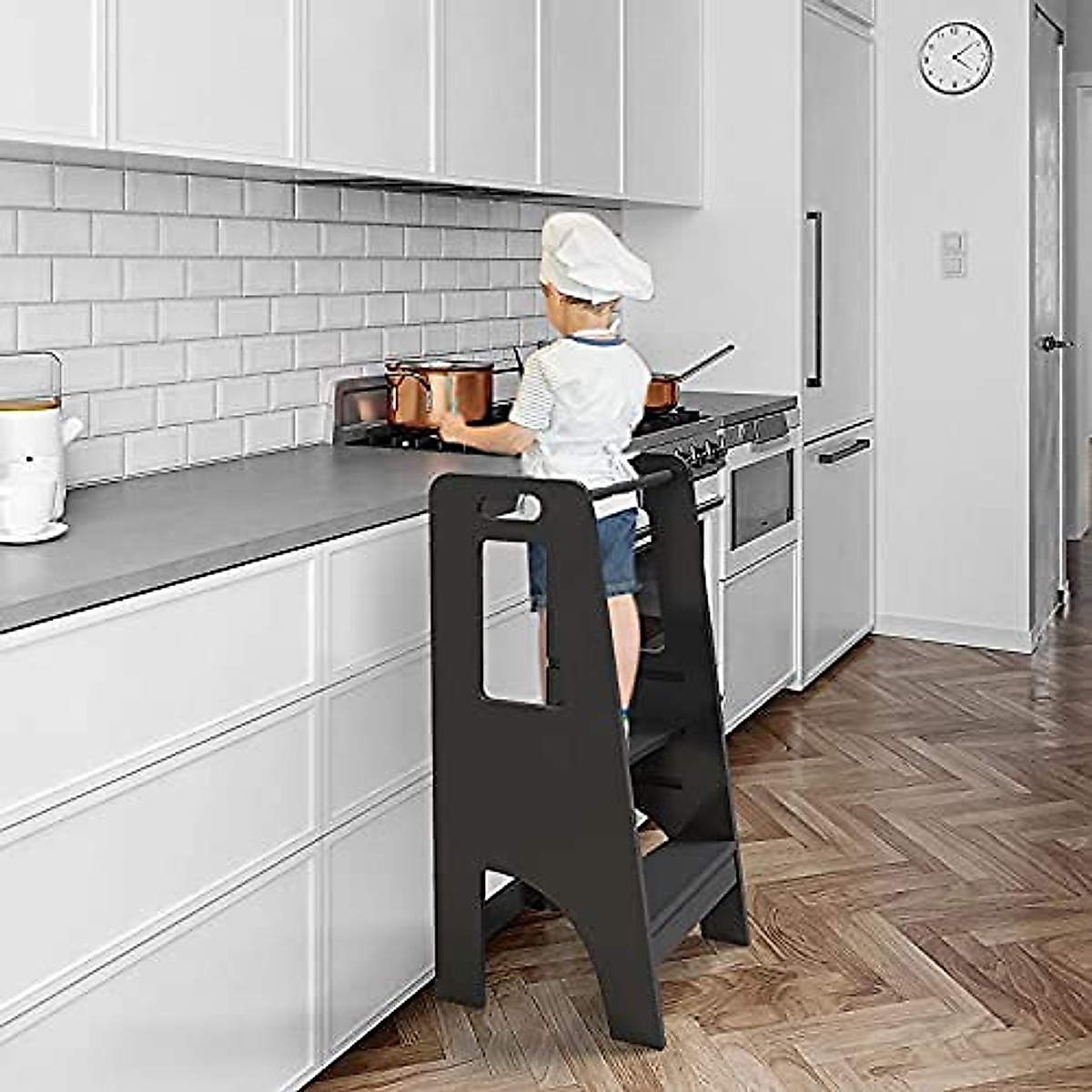 MOAMUN Wooden Step Stool for Kids, Adjustable Height Toddler Learning Helper Tower with Handle, Solid Wood Step Stool for Kitchen,Bathroom,Bedroom (Black)