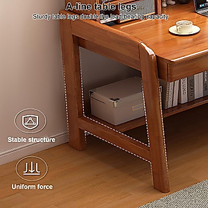 Solid Wood Writing Desk, Mid-Century Modern Computer Desk with Hutch and 2 Drawers,Simple Study Table Home Office Workstation with Open Storage Shelf(80x60x105cm(31x24x41in), Wood)