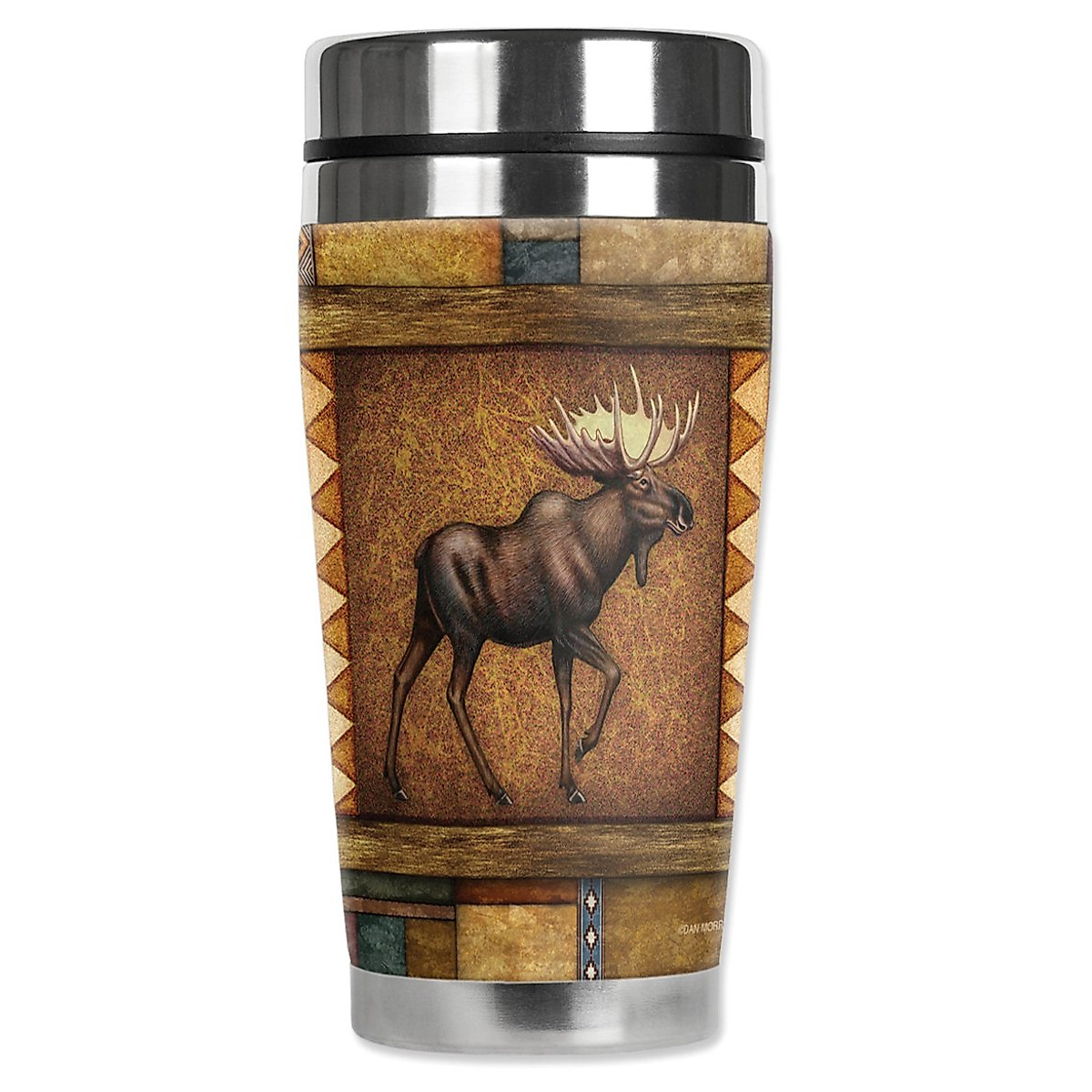 Mugzie "Moose Tapestry" Stainless Steel Travel Mug with Insulated Wetsuit Cover, 20 oz, Black