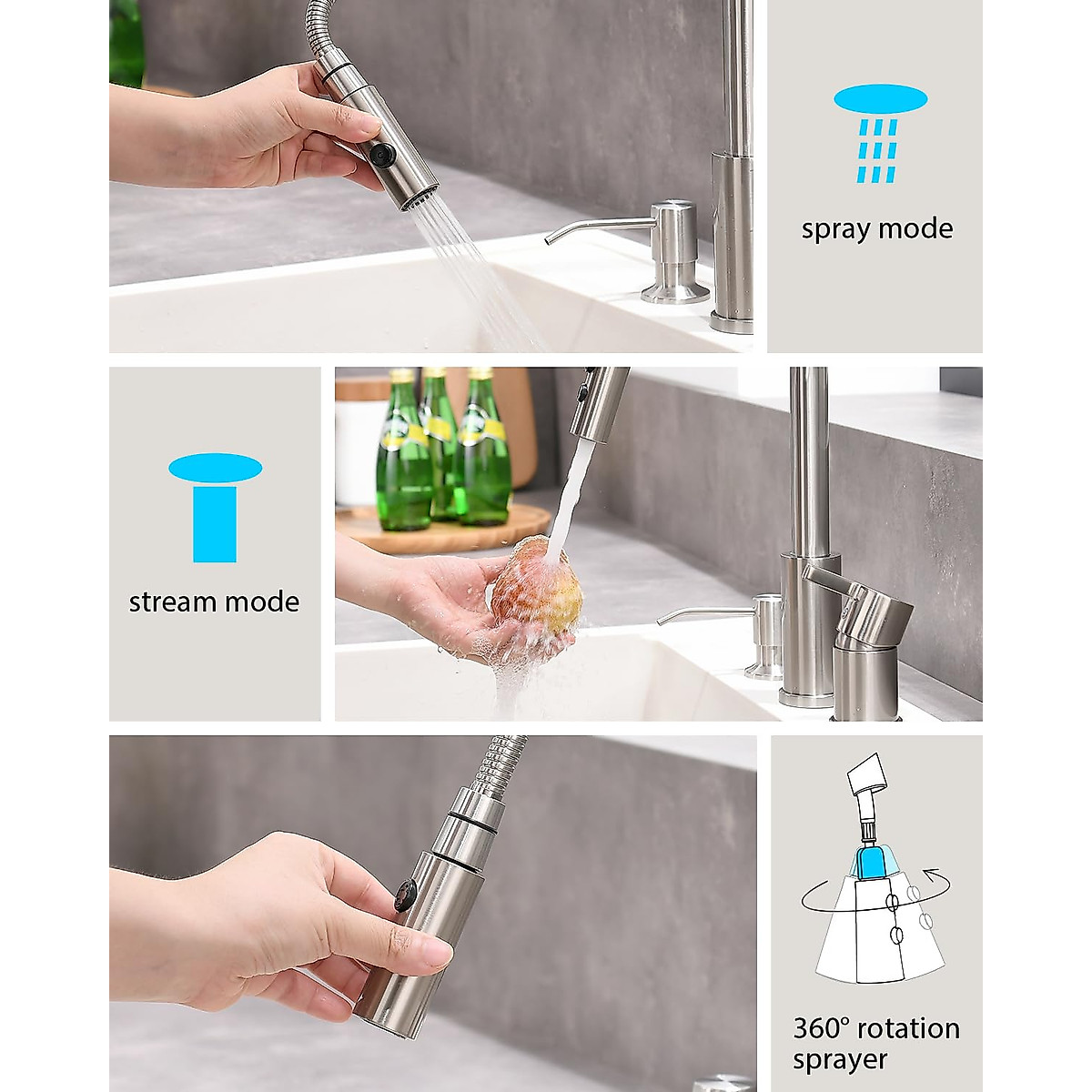 3 Hole Kitchen Faucet, Single Handle Stainless Steel Kitchen Faucets with Pull Down Sprayer, 2 Hole Widespread Kitchen Sink Faucet with Soap Dispenser, Brushed Nickel KMF025L