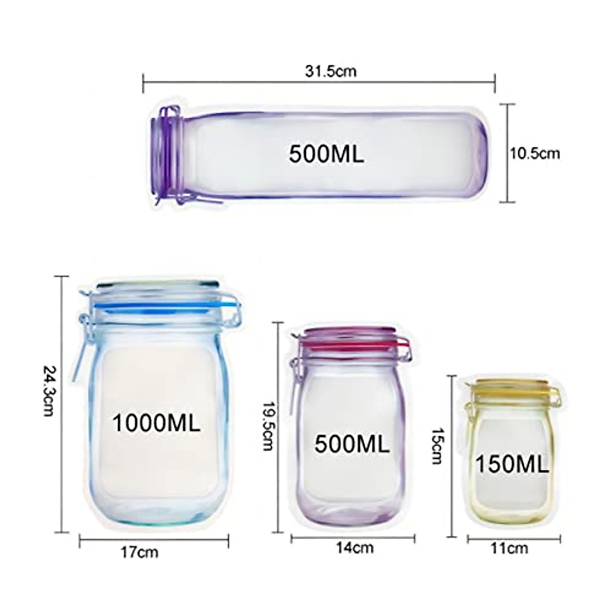 20 Pcs Reusable Mason Jar Ziplock Bags,Mason Jar Bottle Bags,Fresh Leak-Proof Snack Food Storage,Silicone Ziplock Bags for Kitchen,Camping,Travel,Office (20)
