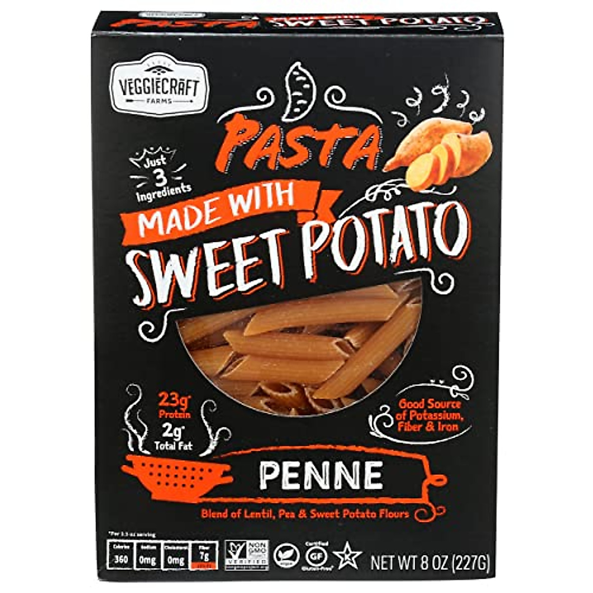 Veggiecraft Farms Penne Pasta - Low Carb Pasta, High Protein, Made with Sweet Potato, Lentil & Peas, Gluten Free, Plant Based Pasta Noodles, High Fiber, Vegan, Kosher, Non-GMO - 8 Ounce