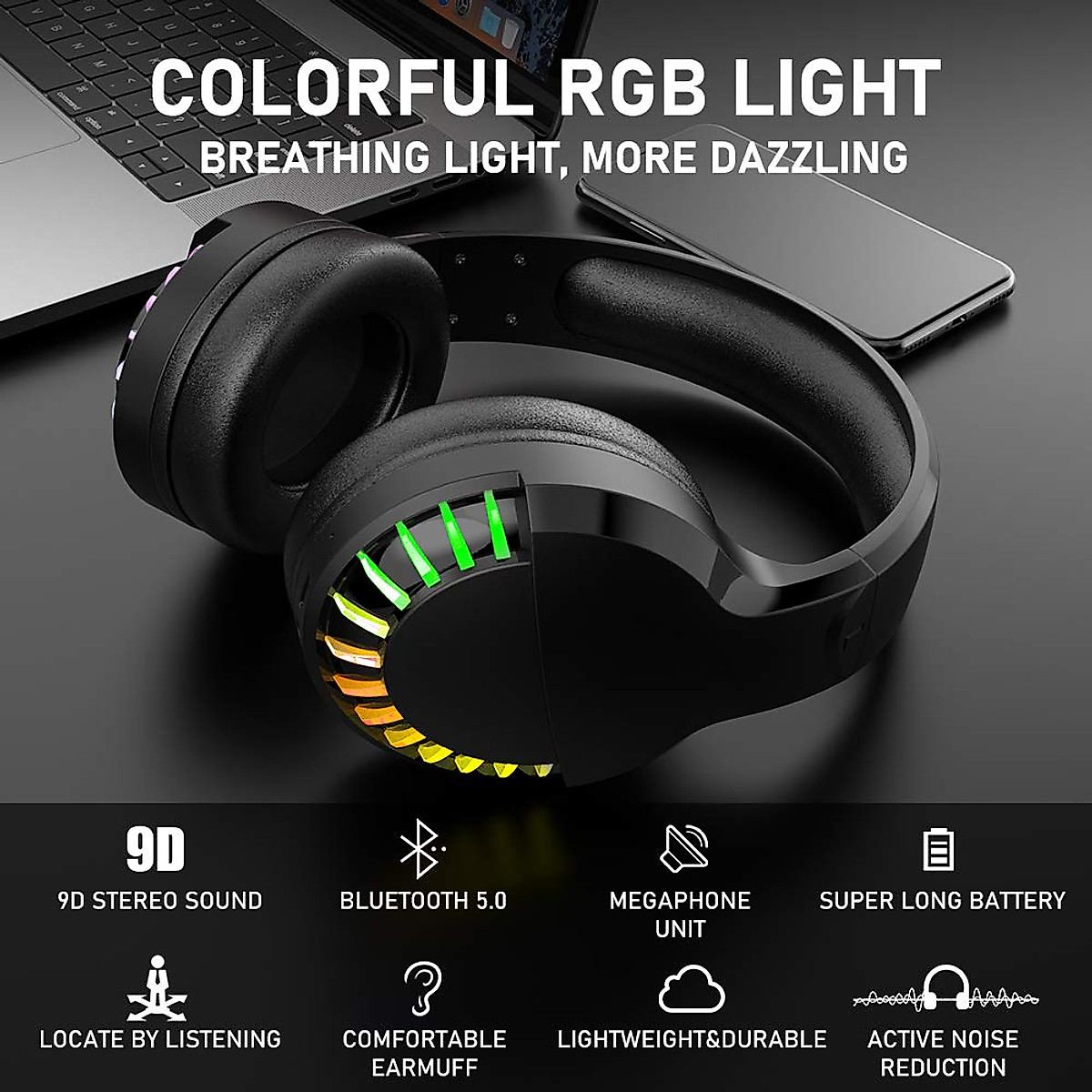 Wireless Bluetooth Headphone with Noise Cancellation HiFi Stereo Sound Mic Deep Bass Protein Earpad Rainbow RGB Backlight Rechageable Over Ear Headset for PC Mac Game Travel Class Home Office(Black)
