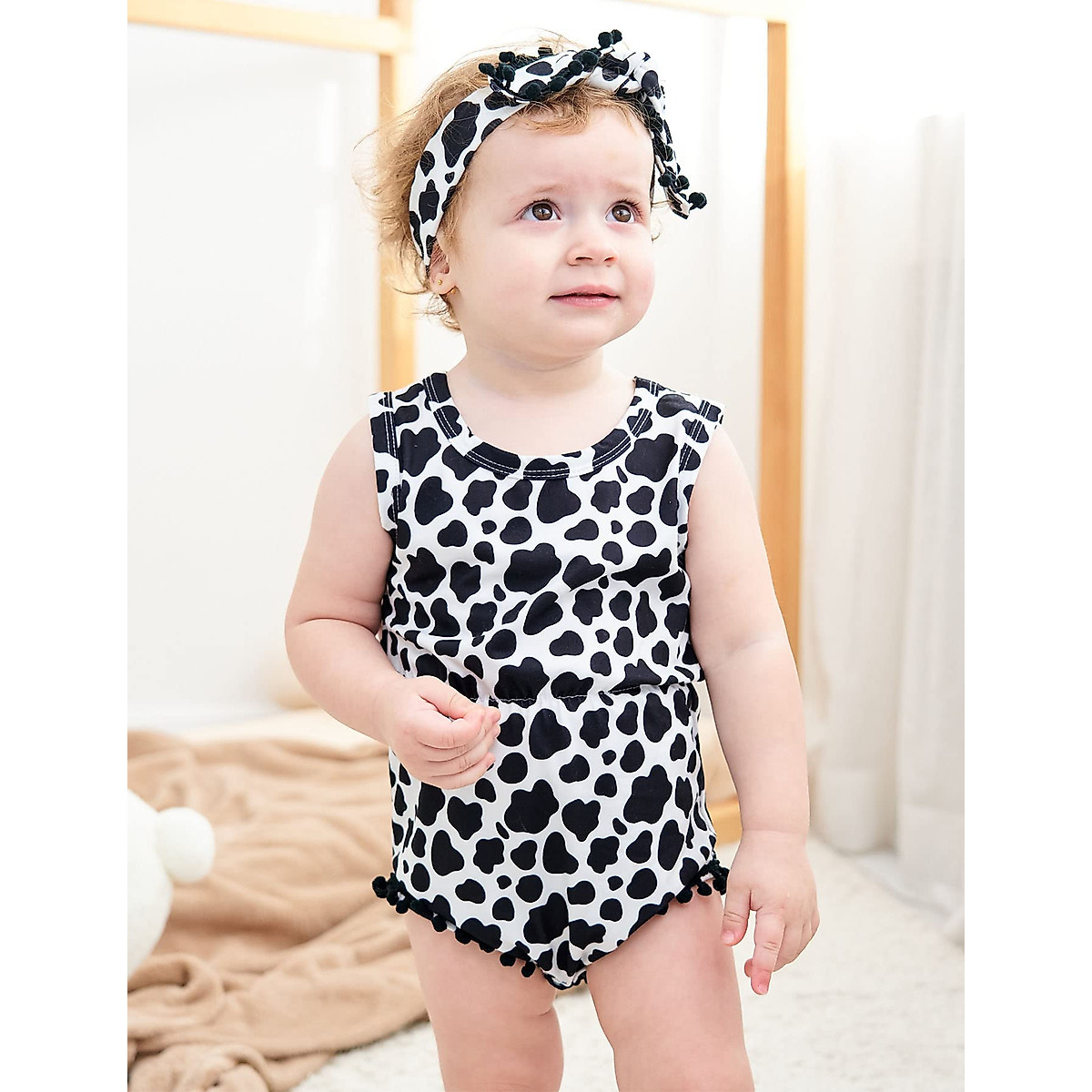 Ahegao Infant Girls Cow Print Rompers for Toddlers Cute Black and White Dots Bodysuits Crewneck Buttons Snap Design Jumpsuits with Tassel Kids Boy Casual Sleeveless Outfits Lovely Clothes, 3-6 Months