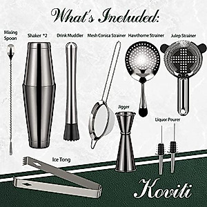 Cocktail Shaker - Koviti 12 Piece Bartender Kit - Stainless Steel Cocktail Shaker Set, Premium Bar Tools : Martini Shaker, Muddler, Jigger, Mixing Spoon, Strainers, Ice Tong, Liquor Pourers