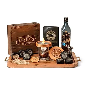 Whiskey Smoker Kit with Quad Flame Torch, Scorch Shield, Lid, 6 Wood Chips & Wooden Gift Box for Smoked Old Fashioned Bourbon Drink Infuser| Cocktail Smoker (Cherry Wood, No Butane)