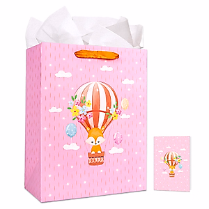 XJF Large Gift Bag for Girls with Card and Tissue Paper,13" Pink Baby Shower Birthday Gift Bags,Gift Bag for Girls Kids