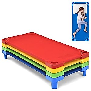 KOTEK Stackable Sleeping Daycare Cots for Kids, Portable Toddler Nap Cots, 52" L x 23" W, Ready-to-Assemble, Space-Saving Children Naptime Cot for Classroom Preschool (Set of 4)
