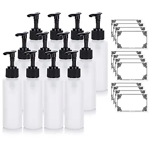 4 oz / 120 ml Clear Natural Refillable Plastic Squeeze Bottle with Black Lotion Pump (12 Pack) + Labels