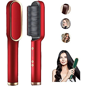 2023 New Negative Ion Hair Straightener Styling Comb 2 in 1Hair Straightener Brush and Curlerwith 5 Temp, Fast Heating, Anti Scald, Professional Hair Straightener Comb for Home Travel Salon (Red)