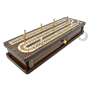 House of Cribbage - Continuous Cribbage Board/Box Inlaid in Rosewood/Maple 12" - 3 Tracks - Sliding Lid Drawer