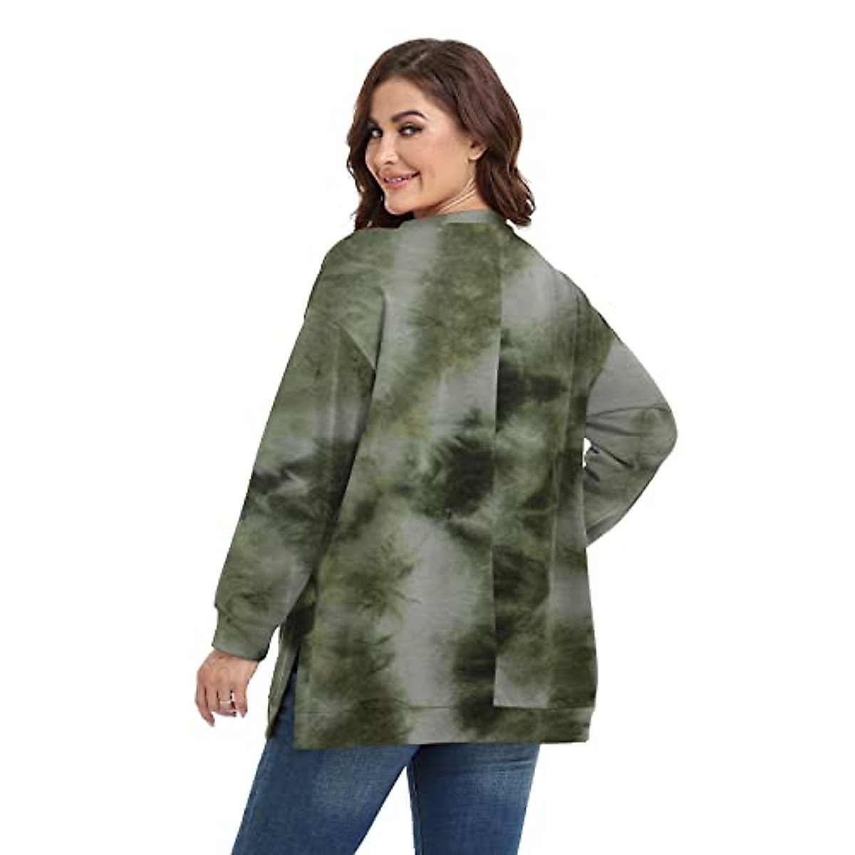LARACE Tie Dye Sweatshirts for Women Plus Size Tops V Neck Side Split Shirt Casual Long Sleeve Pullover Tee(E-Olive 2X)