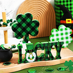 3 Pieces St. Patrick's Day Table Wooden Signs, Shamrock Tiered Tray Decor Lucky Table Decor Irish Freestanding Tray Tabletop Decorations for Home Decor Party Decoration