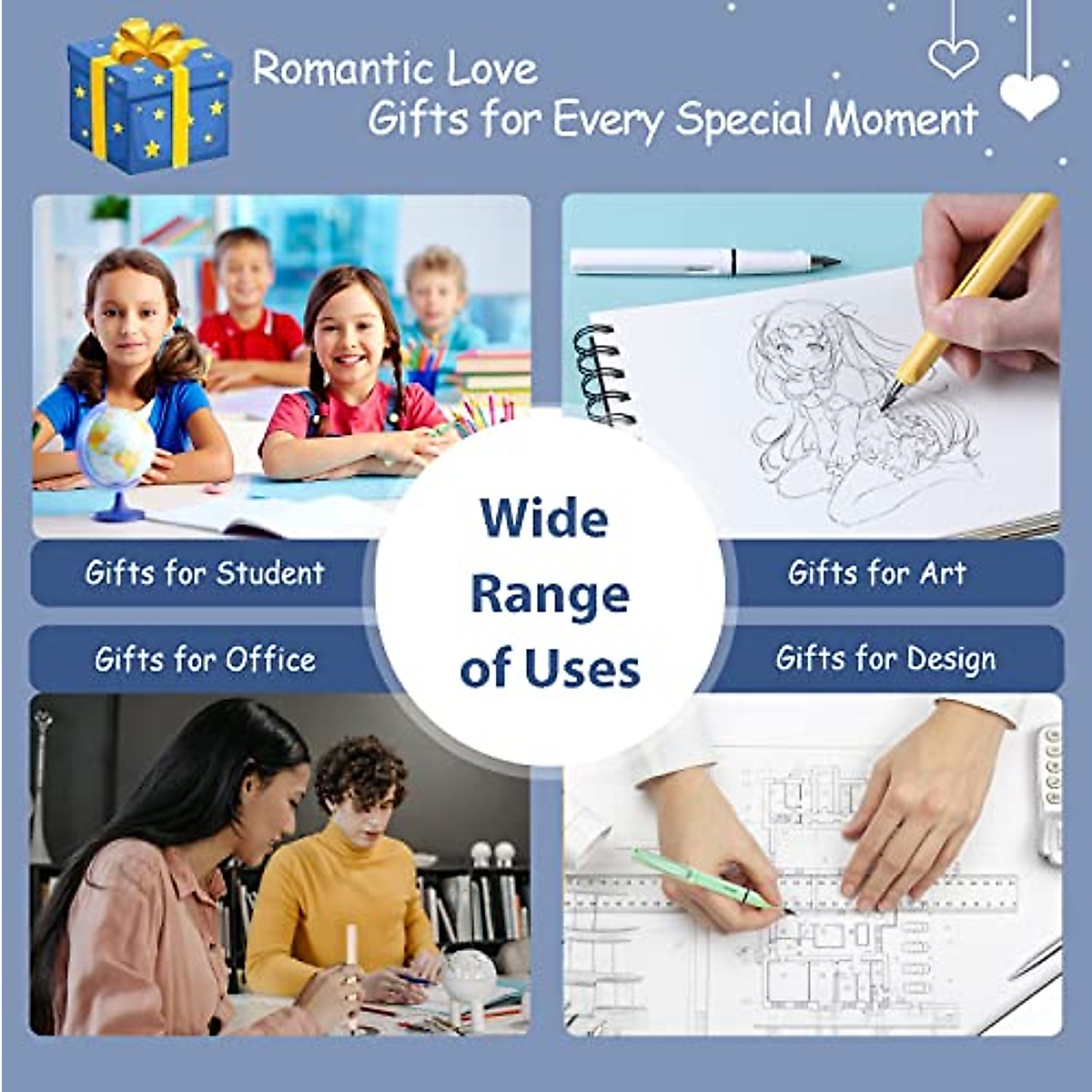 Lyomied 4Pcs Inkless Pencils Eternal, Everlasting Pencil with Eraser, and 4 Replacement Nibs,Unlimited Writing, Reusable Infinity Pencil, NO-Sharpening Pencils for Kids Student Writing Sketch