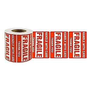 SJPACK 500 Fragile Stickers 1 Roll 2" x 3" Fragile - Handle with Care - Thank You Shipping Labels Stickers (500 Labels/Roll)