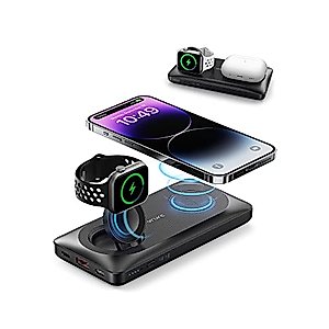 VRURC Wireless Portable Charger, 10000mAh Magnetic Power Bank, 3 in 1 Charger, 22.5W Fast Charing Battery Pack, 3 inputs 4 outputs Compatible with iPhone 15/14/13, iWatch 8/7/6, AirPods Pro/2 - Black