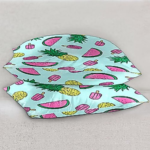 Pineapple Watermelon Popsicle Satin Pillow Cases Silk Satin Pillowcase for Hair and Skin Standard Set of 2 Super Soft Silk Pillowcase with Envelope Closure (20x26 in)