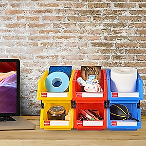 Organizer Bins Plastic Storage Bins Tool Storage Bins Stacking storage bins(Blue&Red&Yellow,4 Per Color)