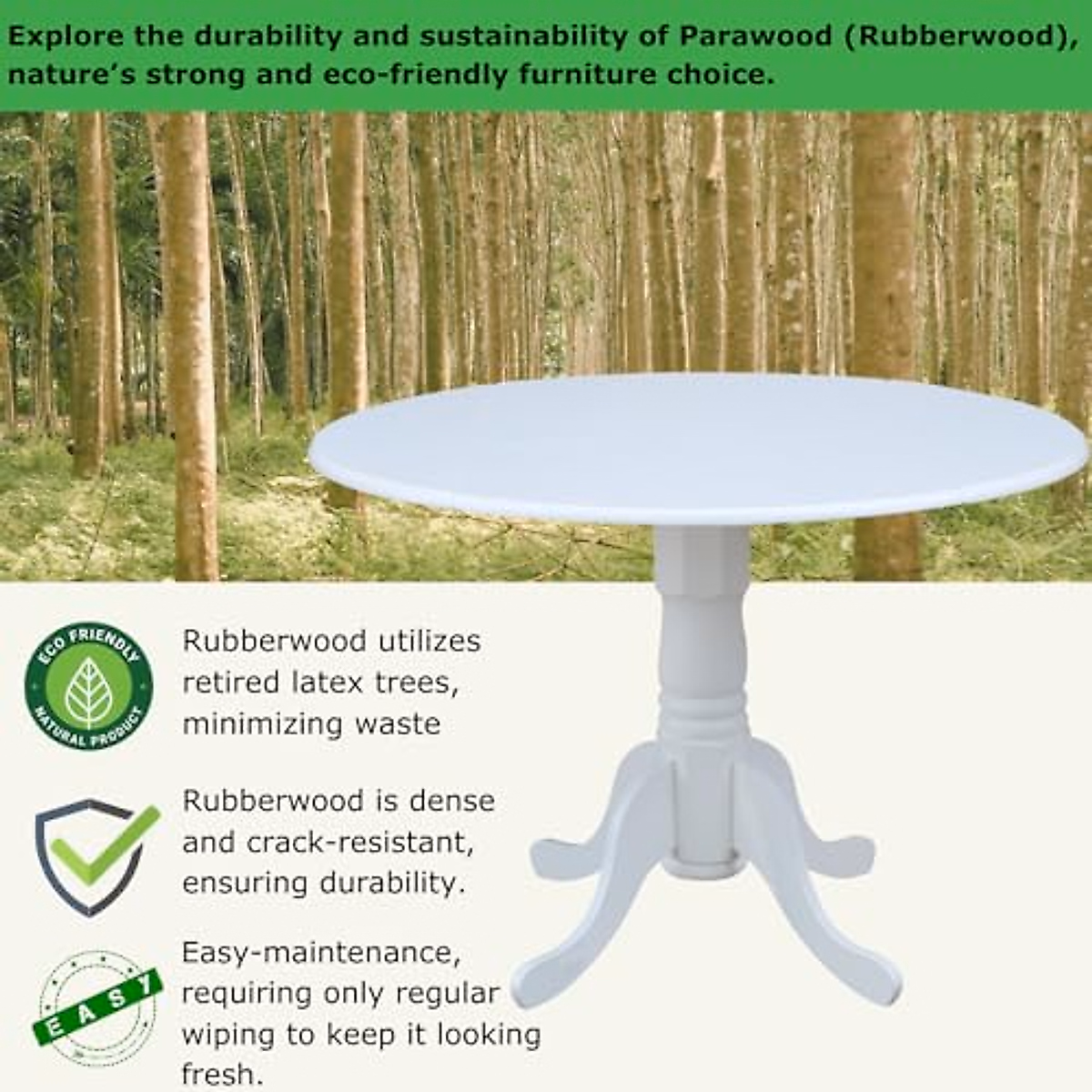 IC International Concepts, 42" Round Dual Drop Leaf Pedestal Dining Table, Solid Real Wood, Sturdy Parawood, White