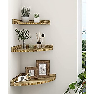 Godimerhea Floating Corner Shelves for Wall, Rustic Solid Wood Wall Mounted Set of 3, Display Hanging Decor Kitchen Storage Heavy Duty Corner Shelf for Living Room Bedroom Bathroom, Brown
