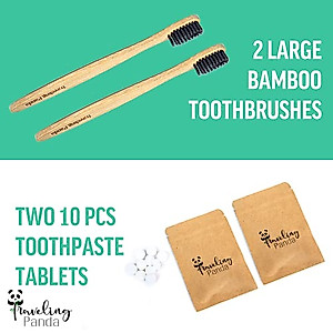 Traveling Panda Bamboo Toothbrushes Soft Bristles, Travel Toothbrush Kit, Includes Brushes and Mint Toothpaste Tablets, Essentials for On The Go Teeth Brushing, 2 Large Brushes and x2 10 Tabs