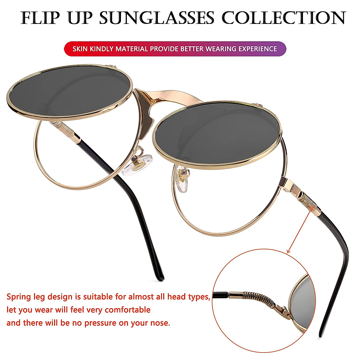 AIEYEZO Round Flip Up Sunglasses for Men and Women Rave Flip Glasses 90's Retro Steampunk Style (Gold/Grey)
